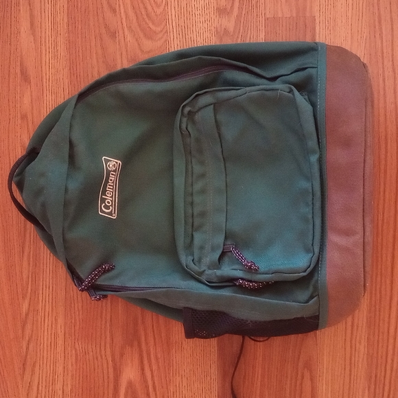 Coleman | Bags | Vintage Coleman Green Brown Leather Bottom Backpack ...